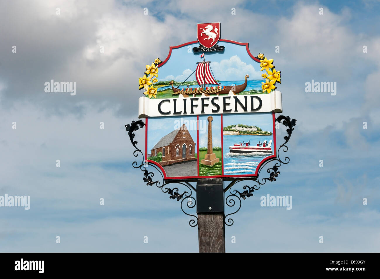 Village sign for Cliffsend next to Pegwell Bay in Kent Stock Photo - Alamy