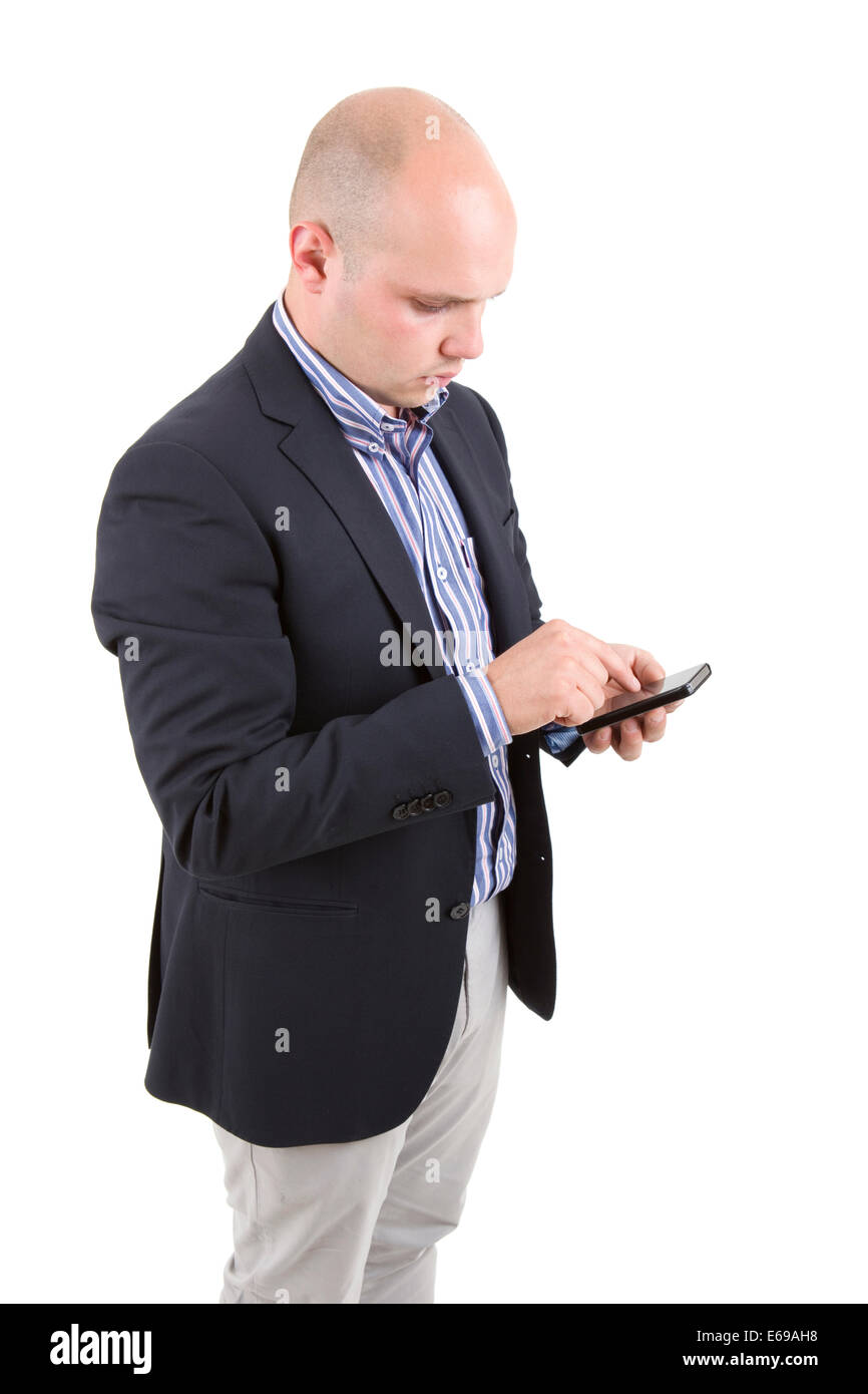 young business man looking to his phone, isolated Stock Photo - Alamy