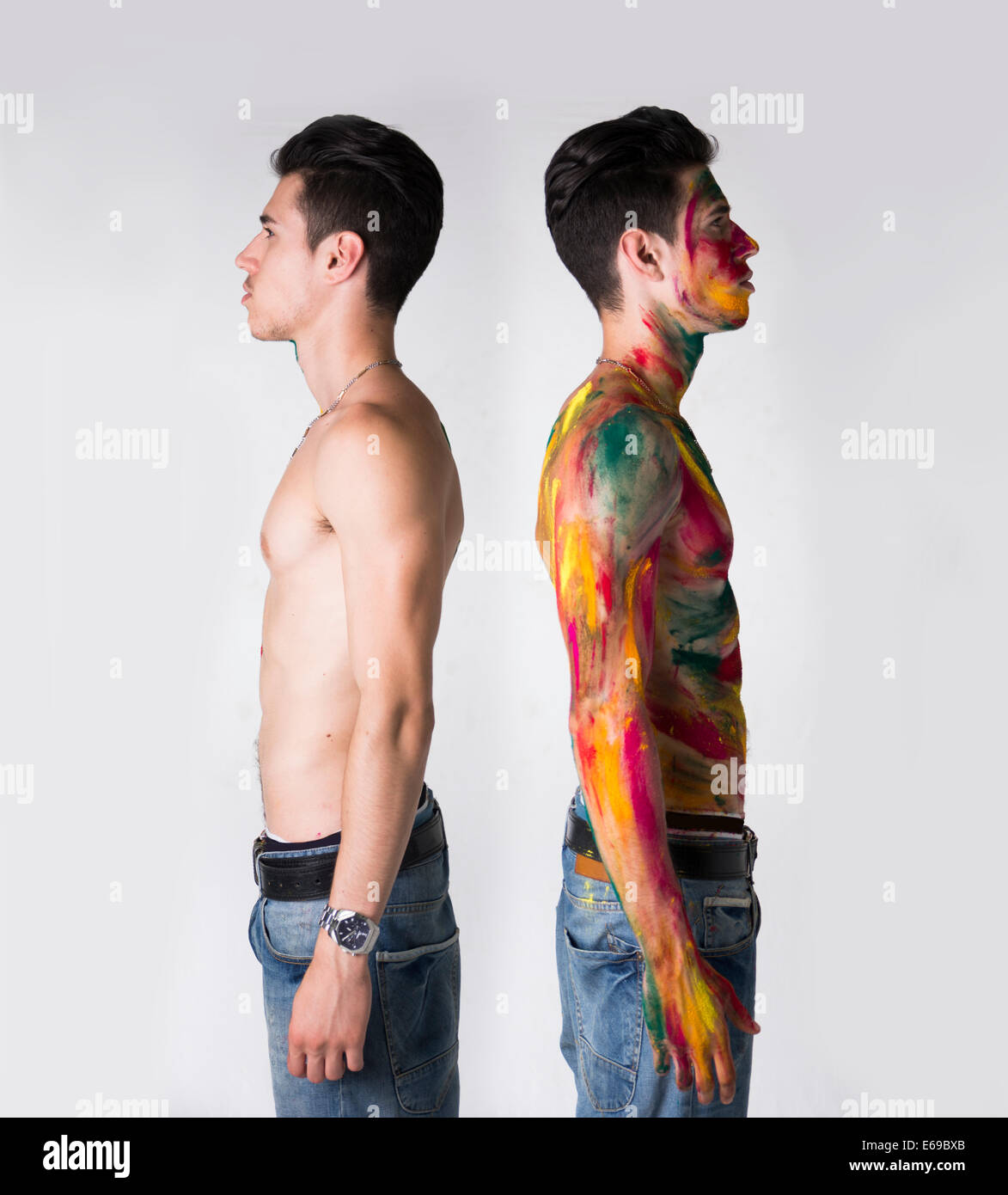 One shirtless young man seen from two sides. One is light and clean ...