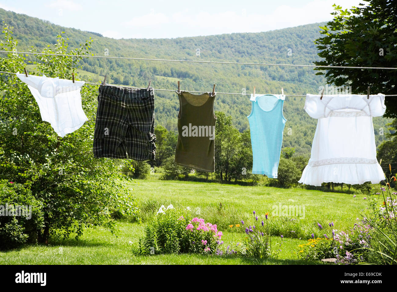 Clothesline in rural backyard Stock Photo - Alamy