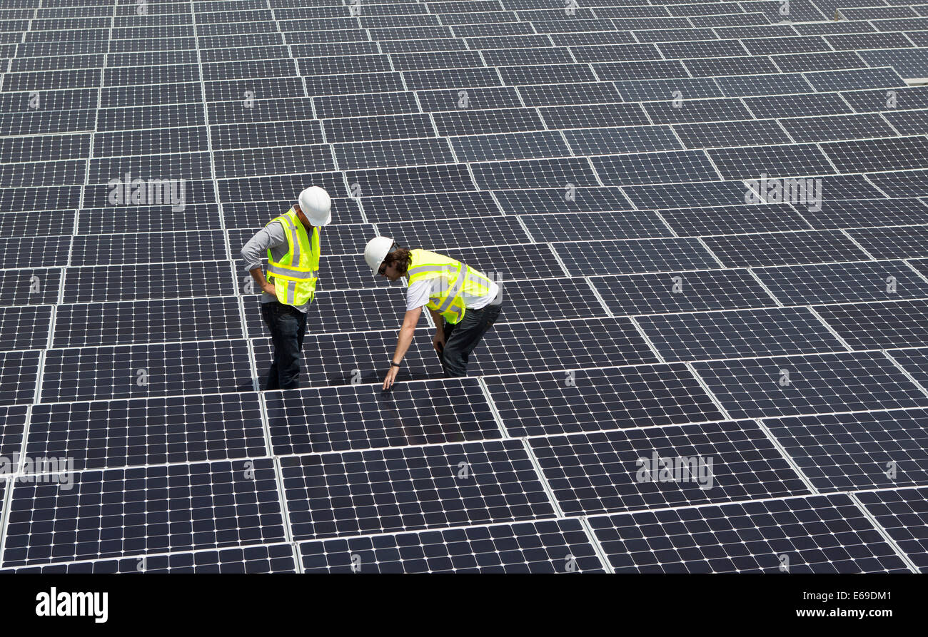 Technicians working on solar panels Stock Photo - Alamy