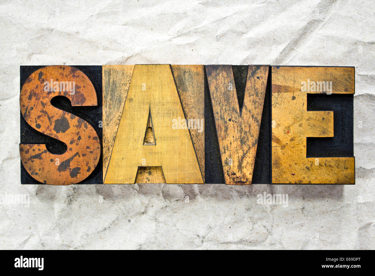 The word SAVE written in vintage letterpress type Stock Photo - Alamy