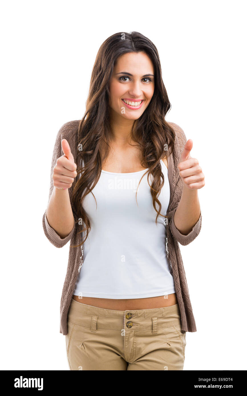 Beautiful woman with thumbs up, isolated on white Stock Photo - Alamy