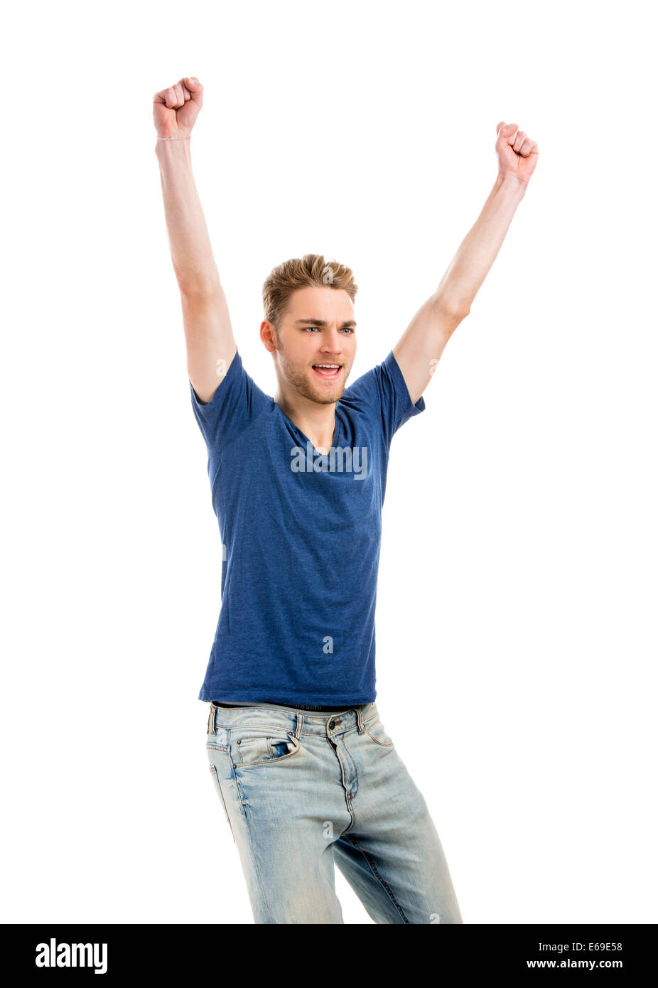 Happy and good looking young man with both arms up, isolated on white ...