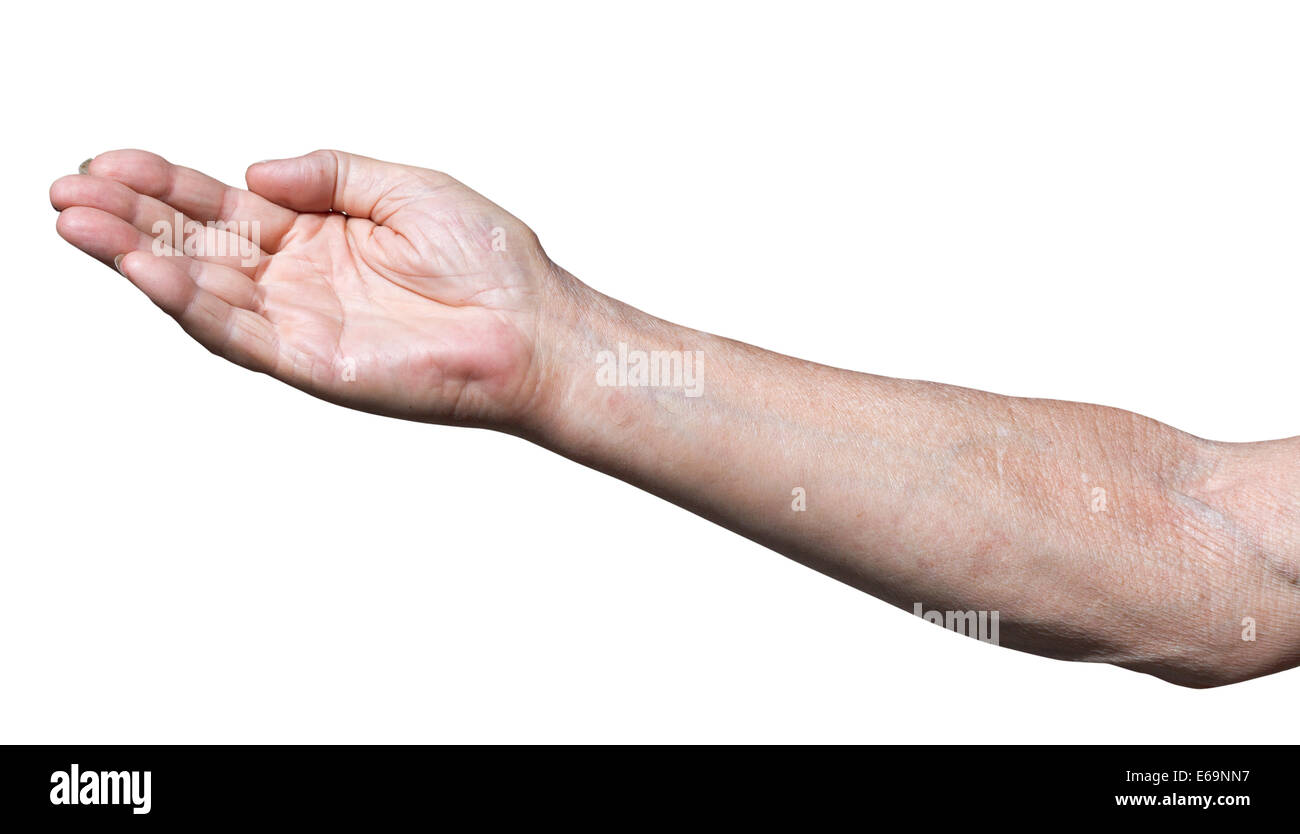 worker hand with by cupped palm - hand gesture isolated on white ...