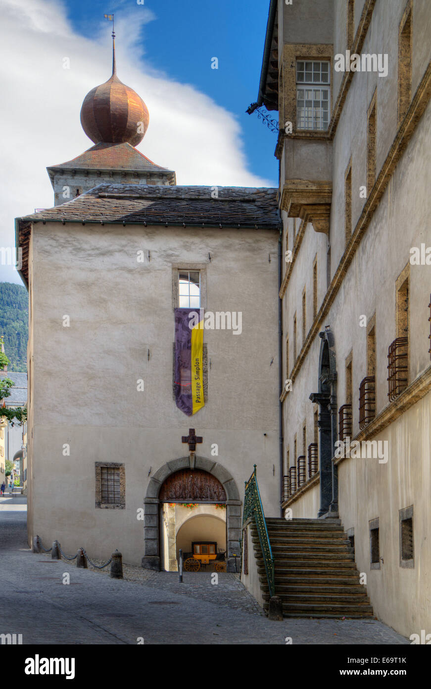 The Stockalperpalast (Brig Castle) in Brig, Switzerland with a coach in ...