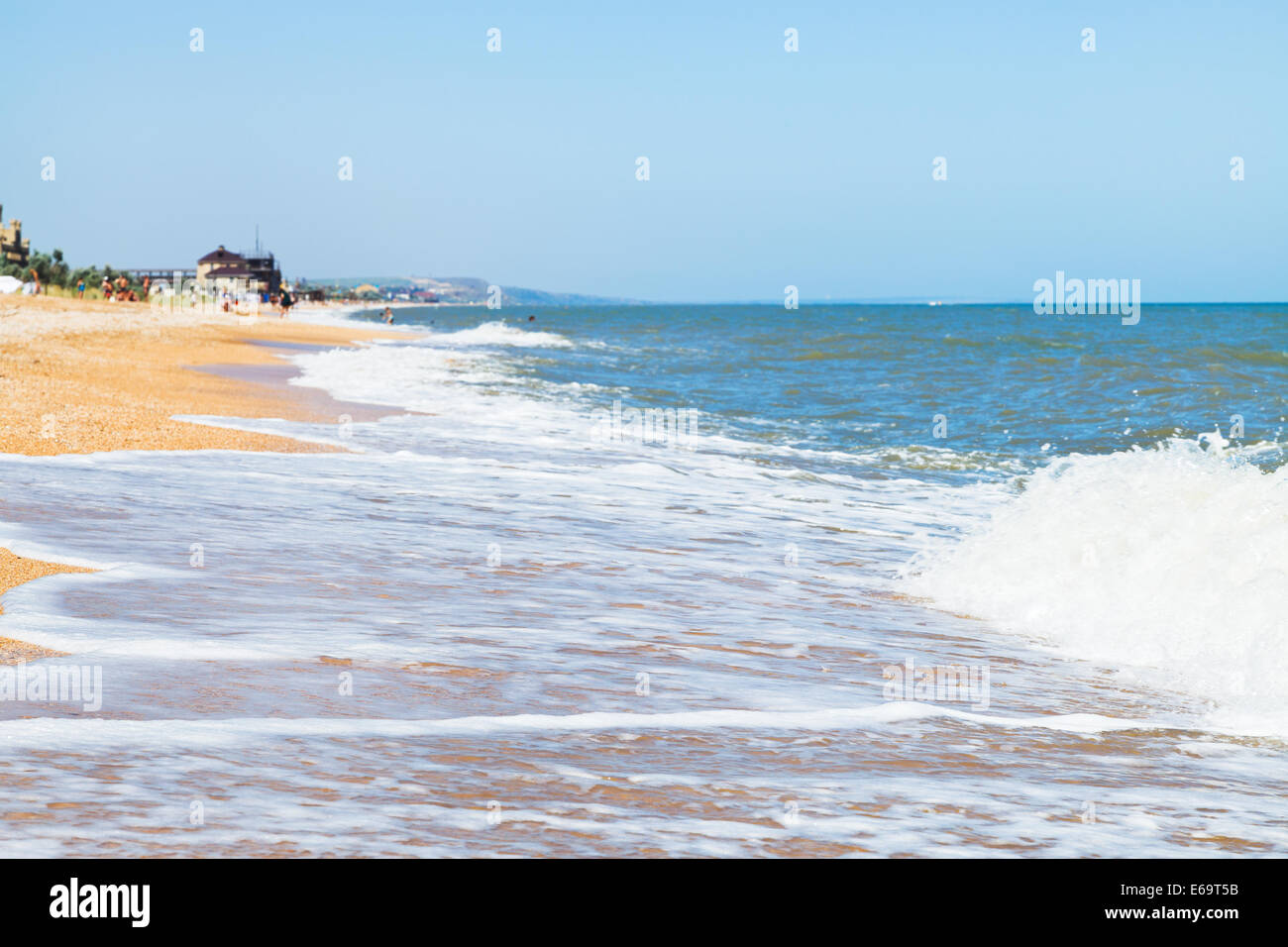 sand and seashells beach of Sea of Azov in resort town Golubickaya ...