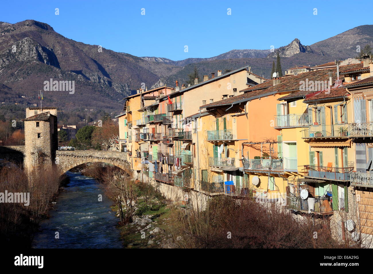 The picturesque village of Sospel with the medieval bridge Stock Photo ...