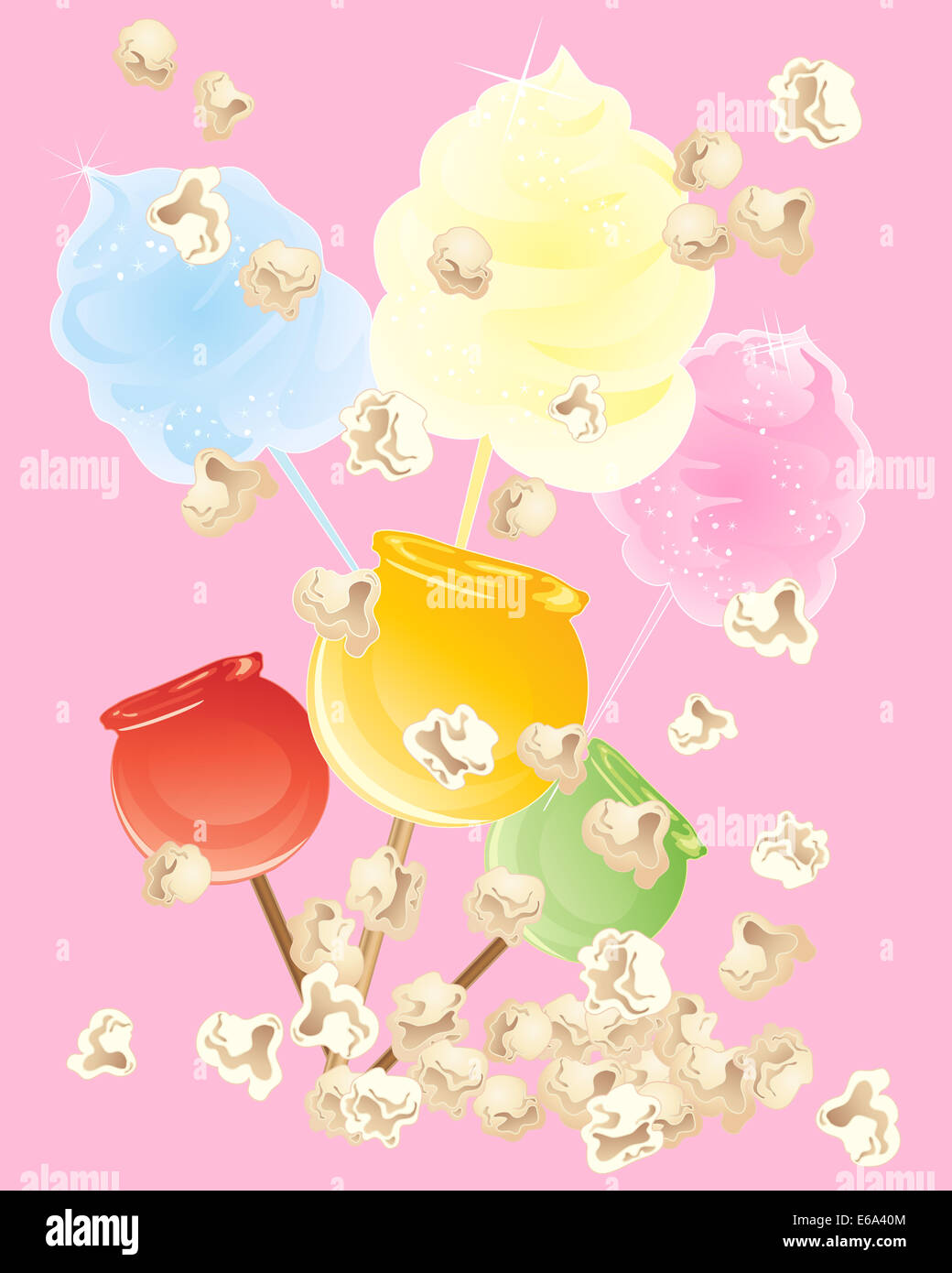 an illustration of sweet snacks including cotton candy popcorn and ...