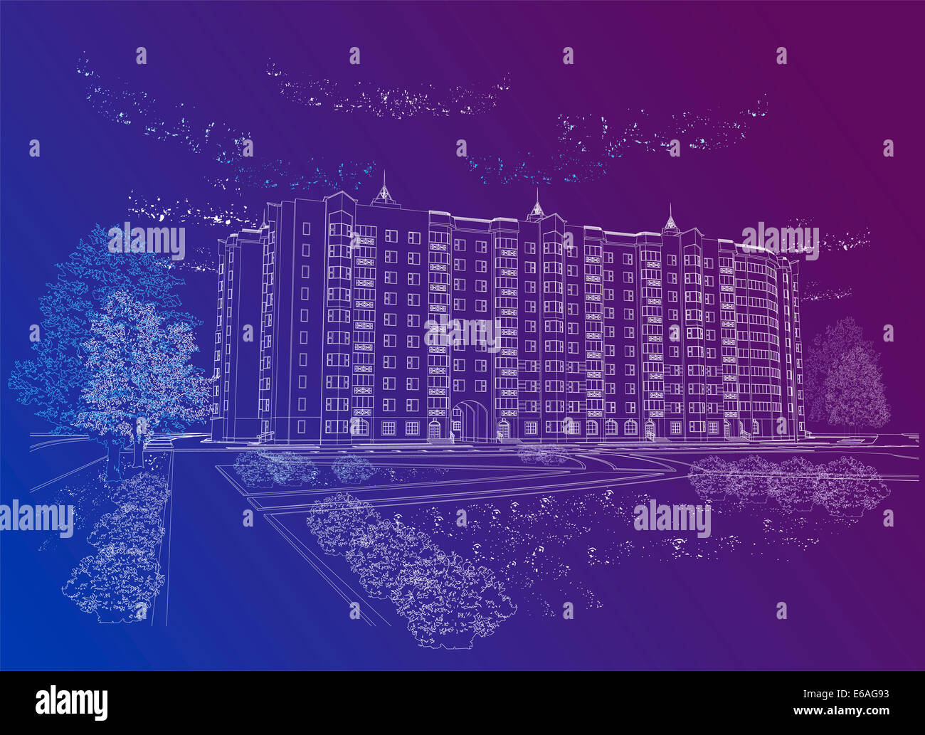 Blue linear architectural graphic background with modern apartment ...