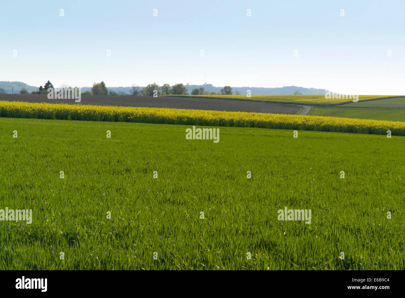 rural spring scene in Hohenlohe, a landscape in Southern Germany Stock ...