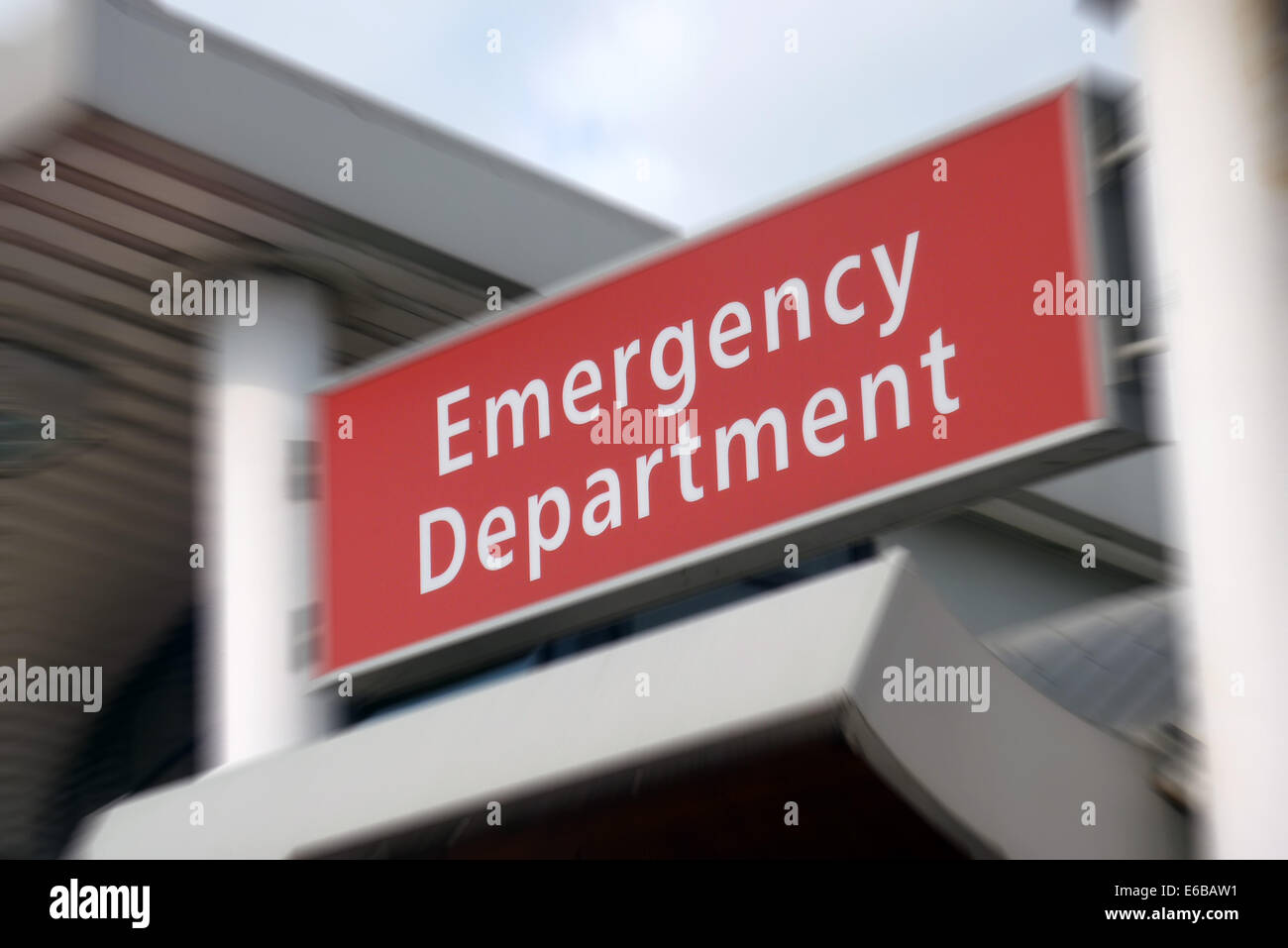 Sign above the Emergency Department in NHS hospital. Zoom effect ...