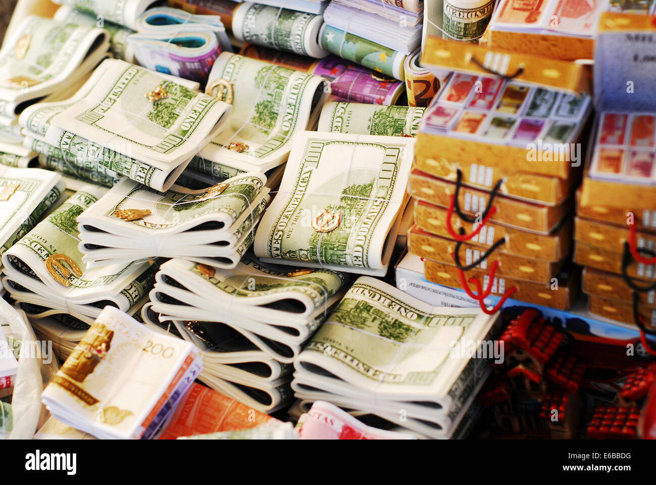 Bolivia, Copacabana, close-up of piled bundle of paper notes tied with ...