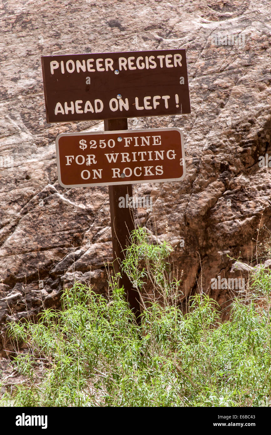 USA, Utah, Torrey, Capitol Reef National Park, Capitol Gorge, Signpost ...
