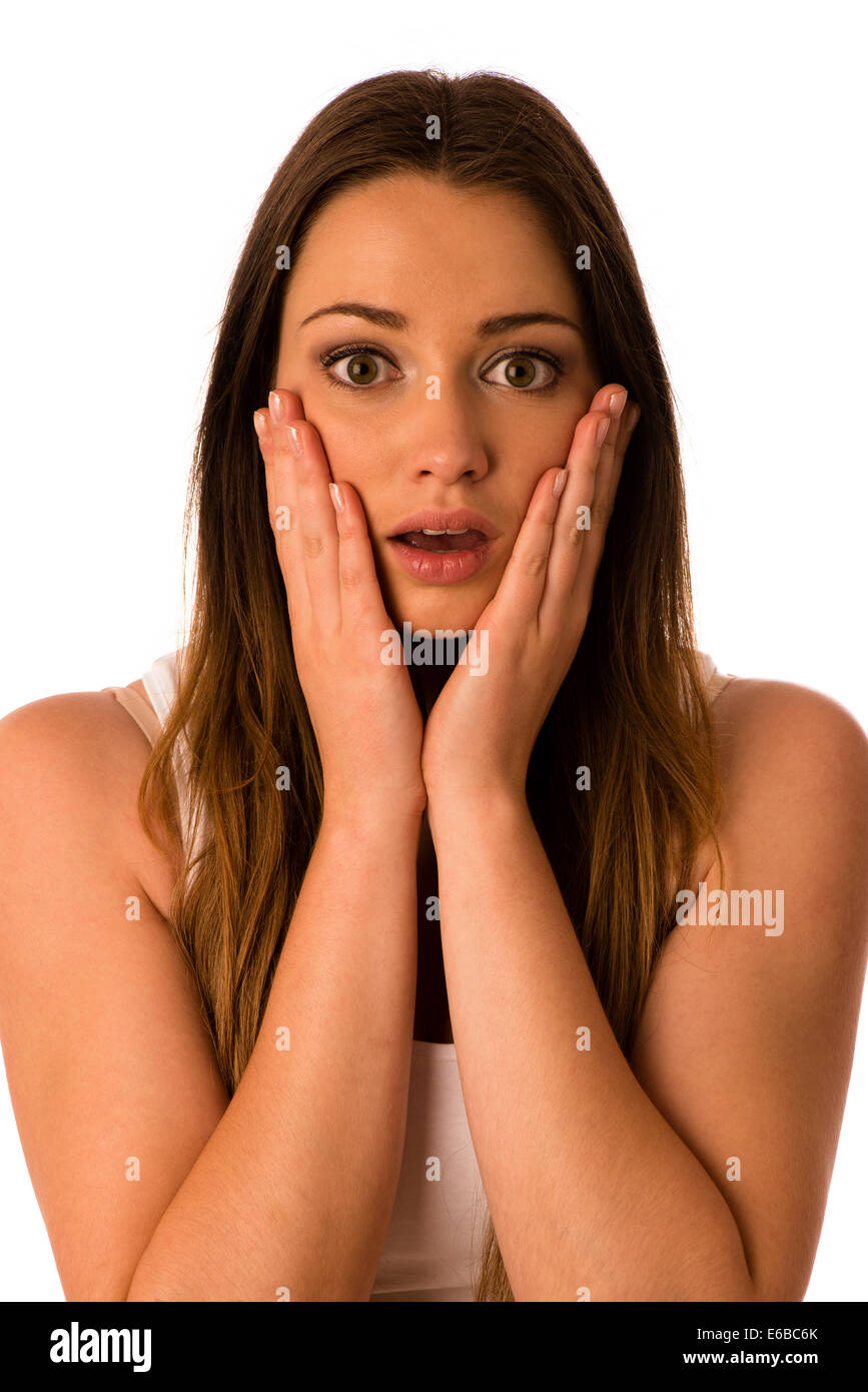 Frightened woman - preety girl gesturing fear isolated Stock Photo - Alamy