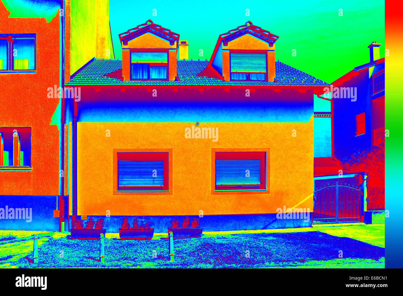 Infrared thermovision image showing lack of thermal insulation on House ...