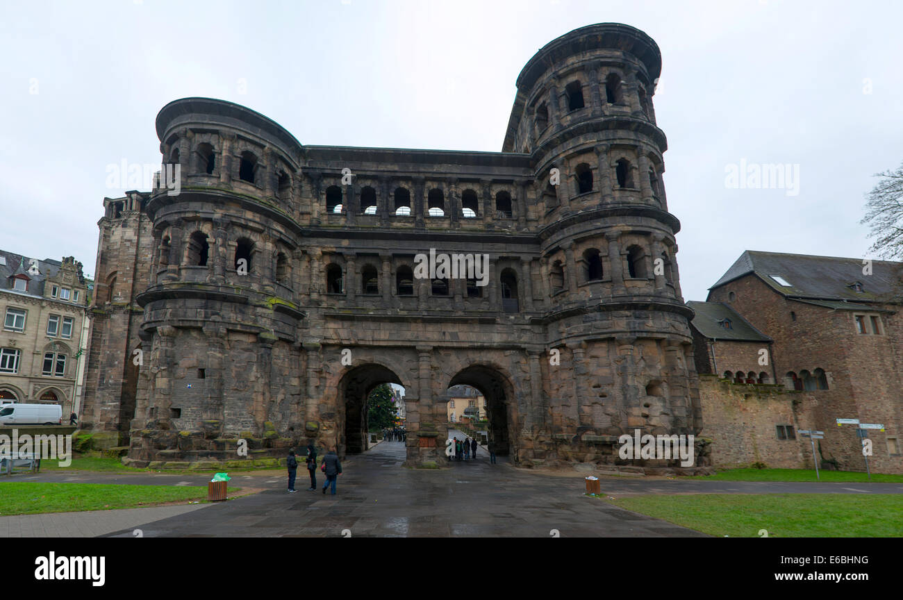 View on Porta Nigra - antique roman gate in Trier, Germany Stock Photo ...