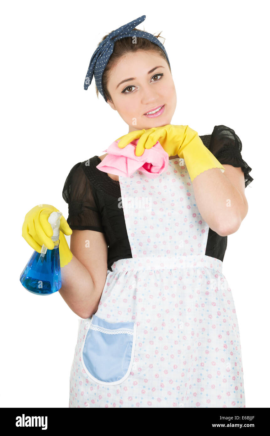 Young girl wearing apron and holding cleaning products Stock Photo - Alamy