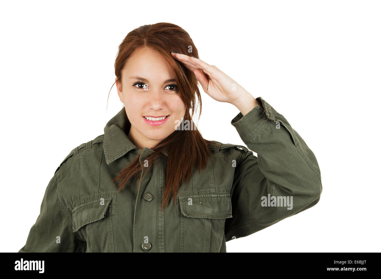 Portrait of beautiful young girl wearing green military style jacket ...
