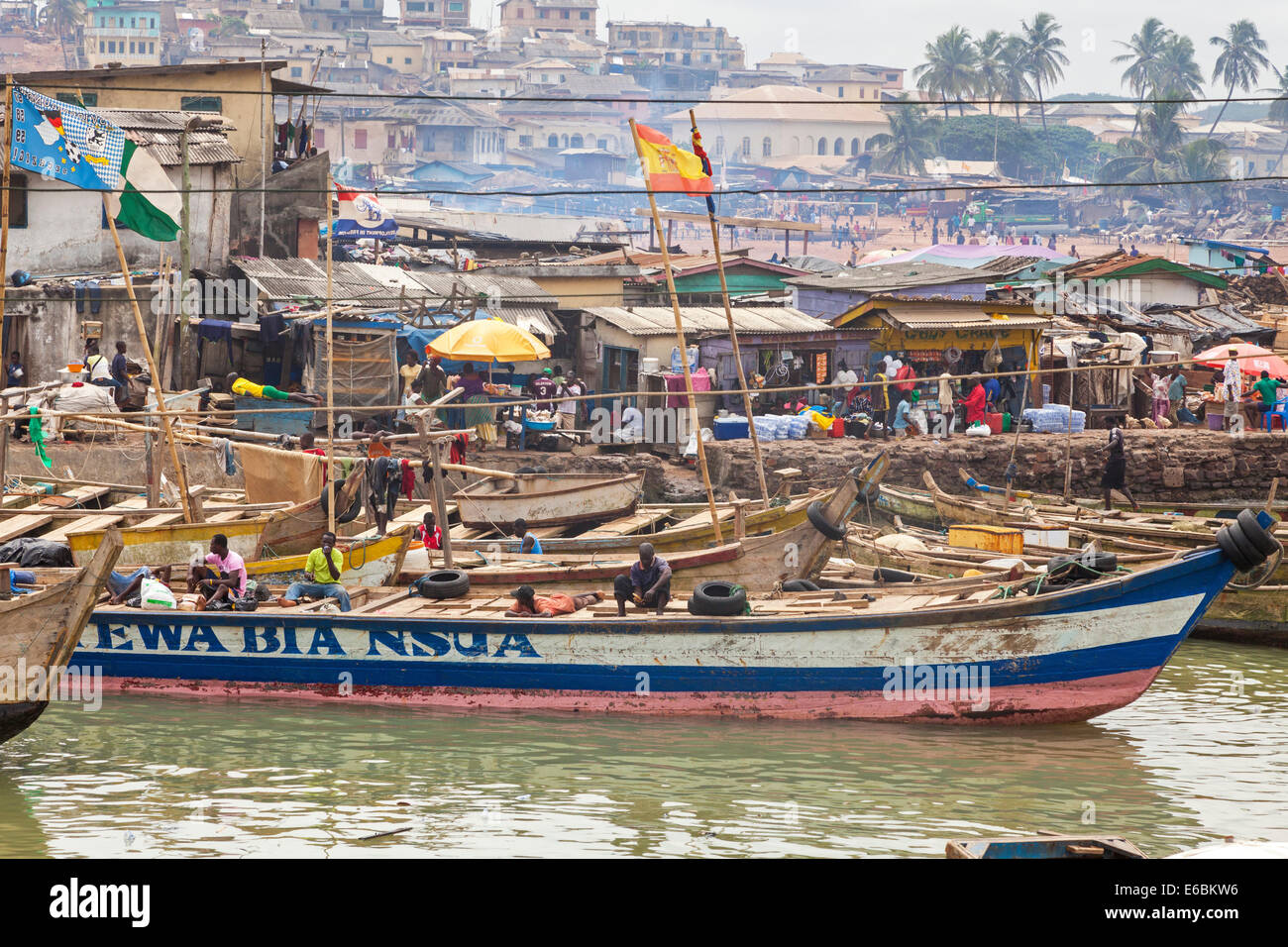 Fishing boats at Elmina harbour, Gold Coast, Ghana, Africa Stock Photo ...
