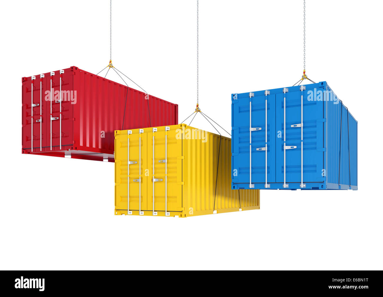 Three metal freight shipping containers on the hooks at white ...