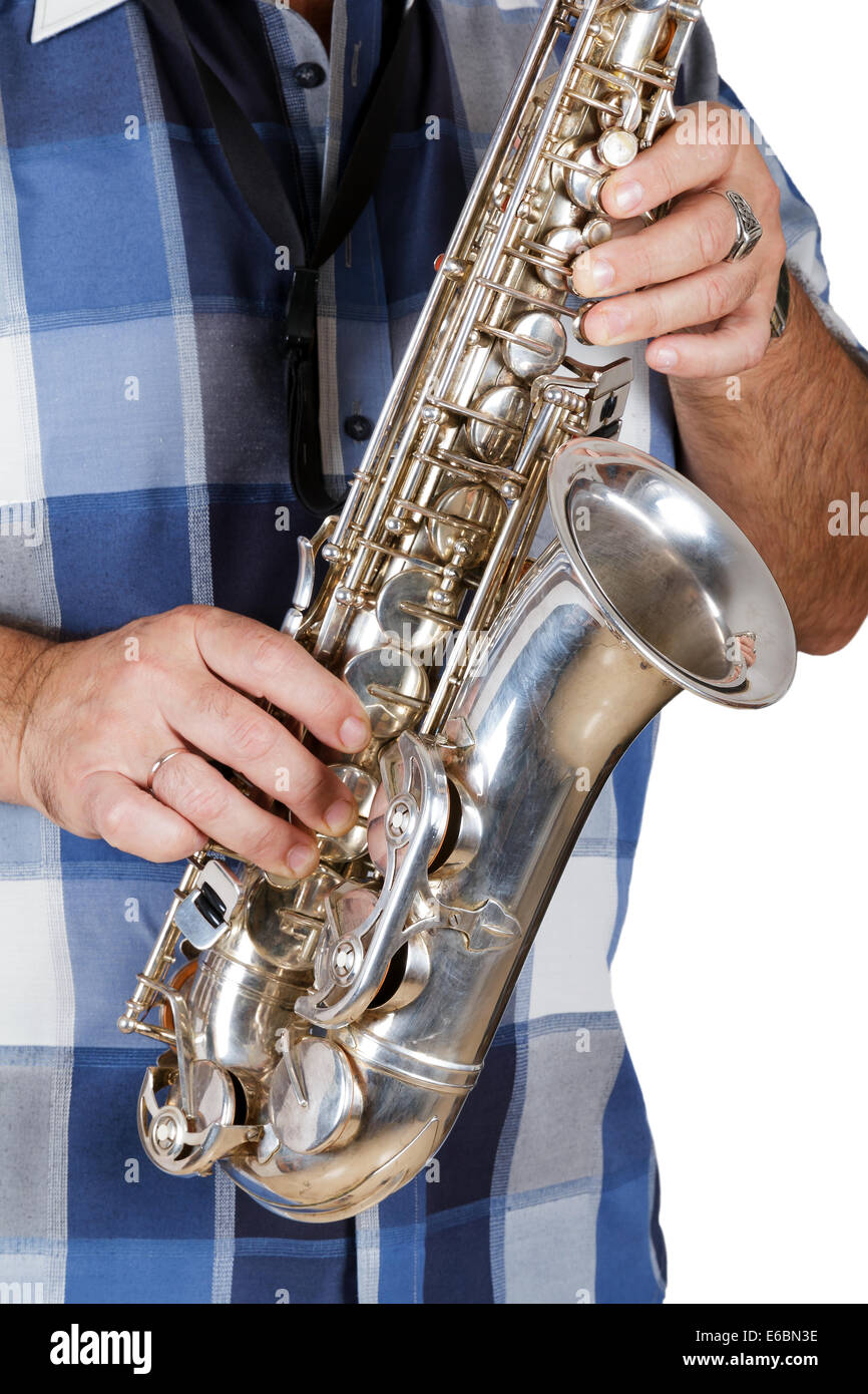 man playing the saxophone on a white background Stock Photo - Alamy
