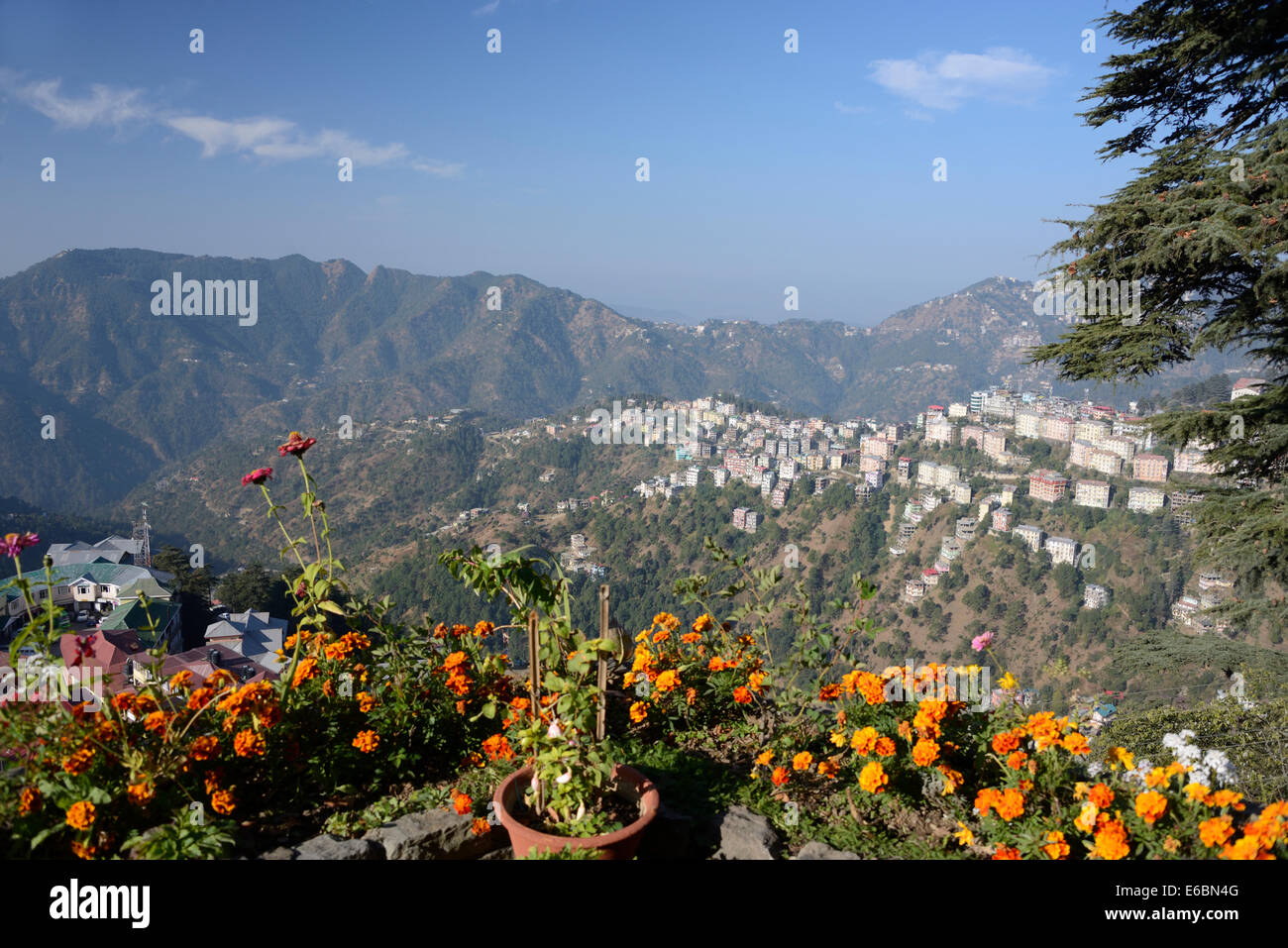 A morning view over part of Shimla suburbs on the Himalayan foothills ...