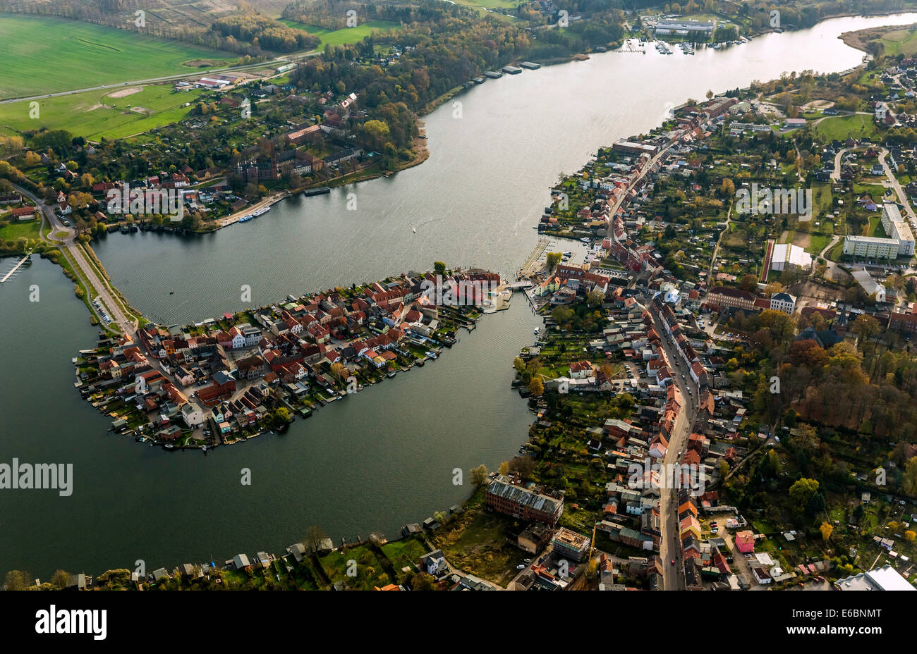 Aerial view, old town island with Lake Malchow, Malchow, Mecklenburg ...