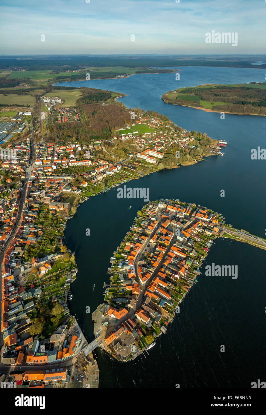 Aerial view, old town island with Lake Malchow, Malchow, Mecklenburg ...