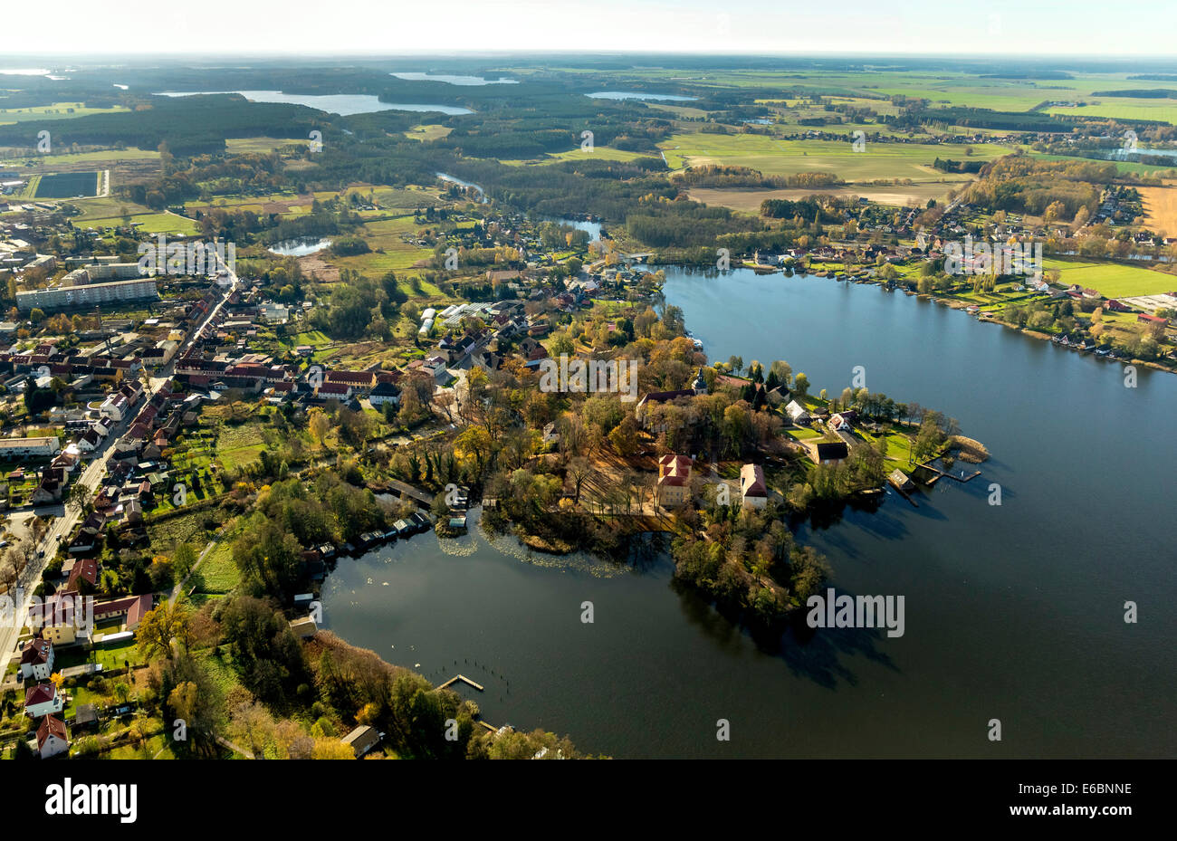 Aerial view, Lake Mirow with Schlossinsel island, Mirow, Mecklenburg ...