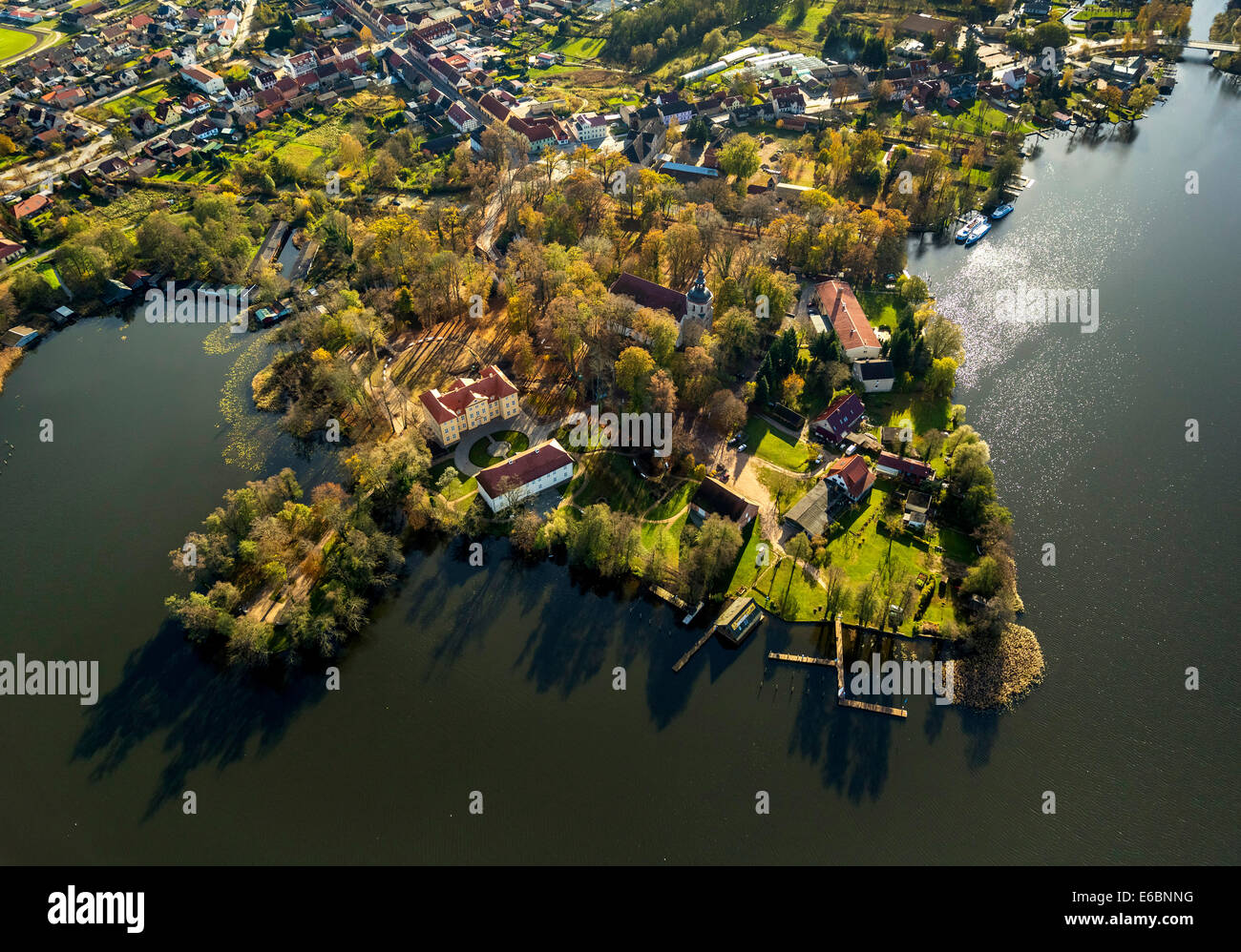 Aerial view, Schloss Mirow castle, Schlosskirche Mirow church, Lake ...