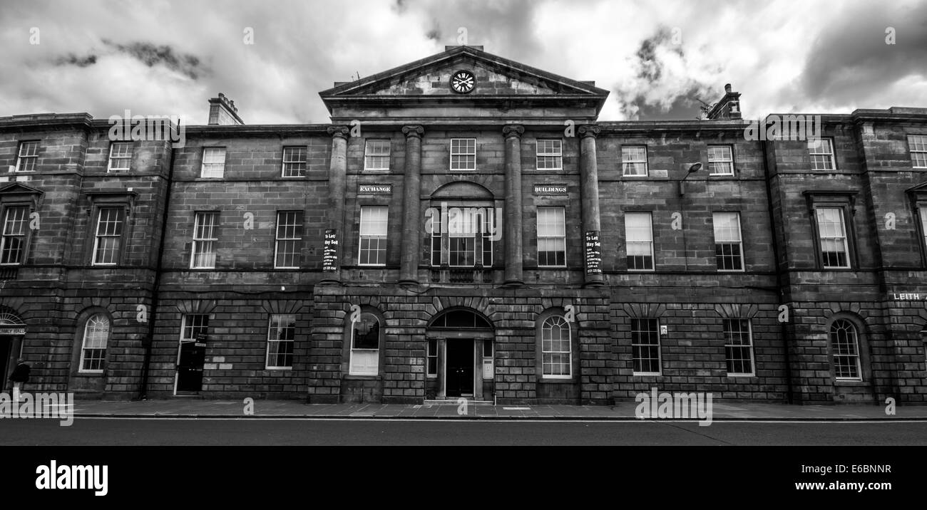 Exchange Buildings in Edinburgh down at Leith, black and white Stock ...