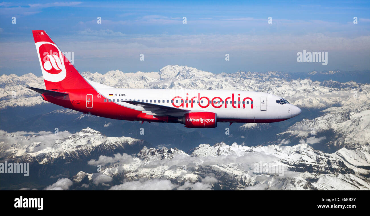 Air Berlin Boeing 737-73S in flight over the Alps, Switzerland Stock ...