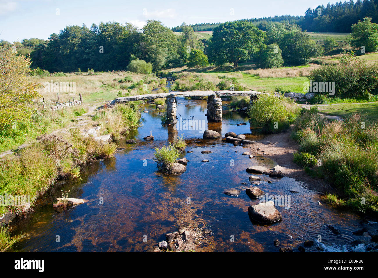 Historic medieval Clapper Bridge Postbridge Dartmoor Devon England ...