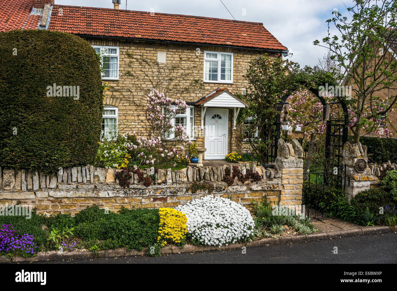 An attractive old cottage and wall with flower display, in the village ...
