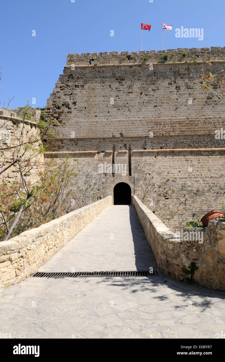 Entrance to Kyrenia Castle with flags of Turkey and Republic of ...