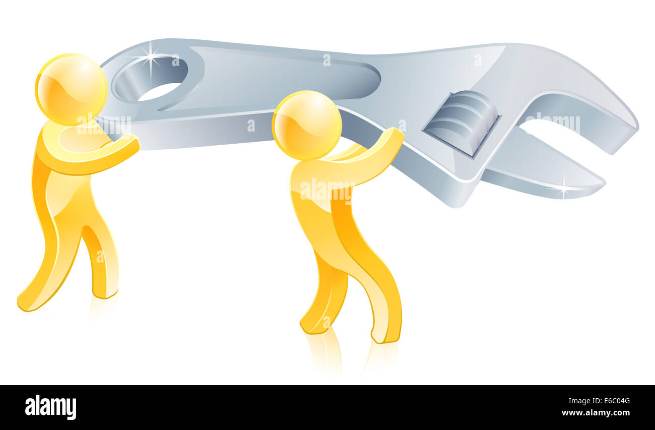 Spanner or wrench gold men illustration, two people carrying a big ...