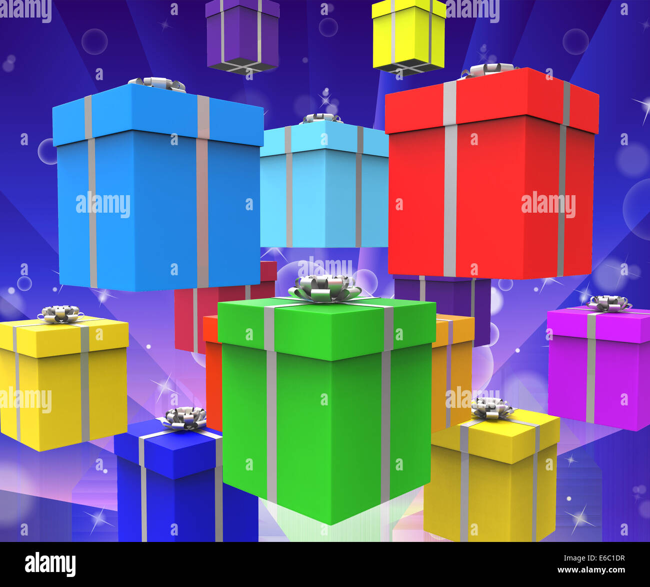 Celebration Giftboxes Showing Joy Package And Wrapped Stock Photo - Alamy