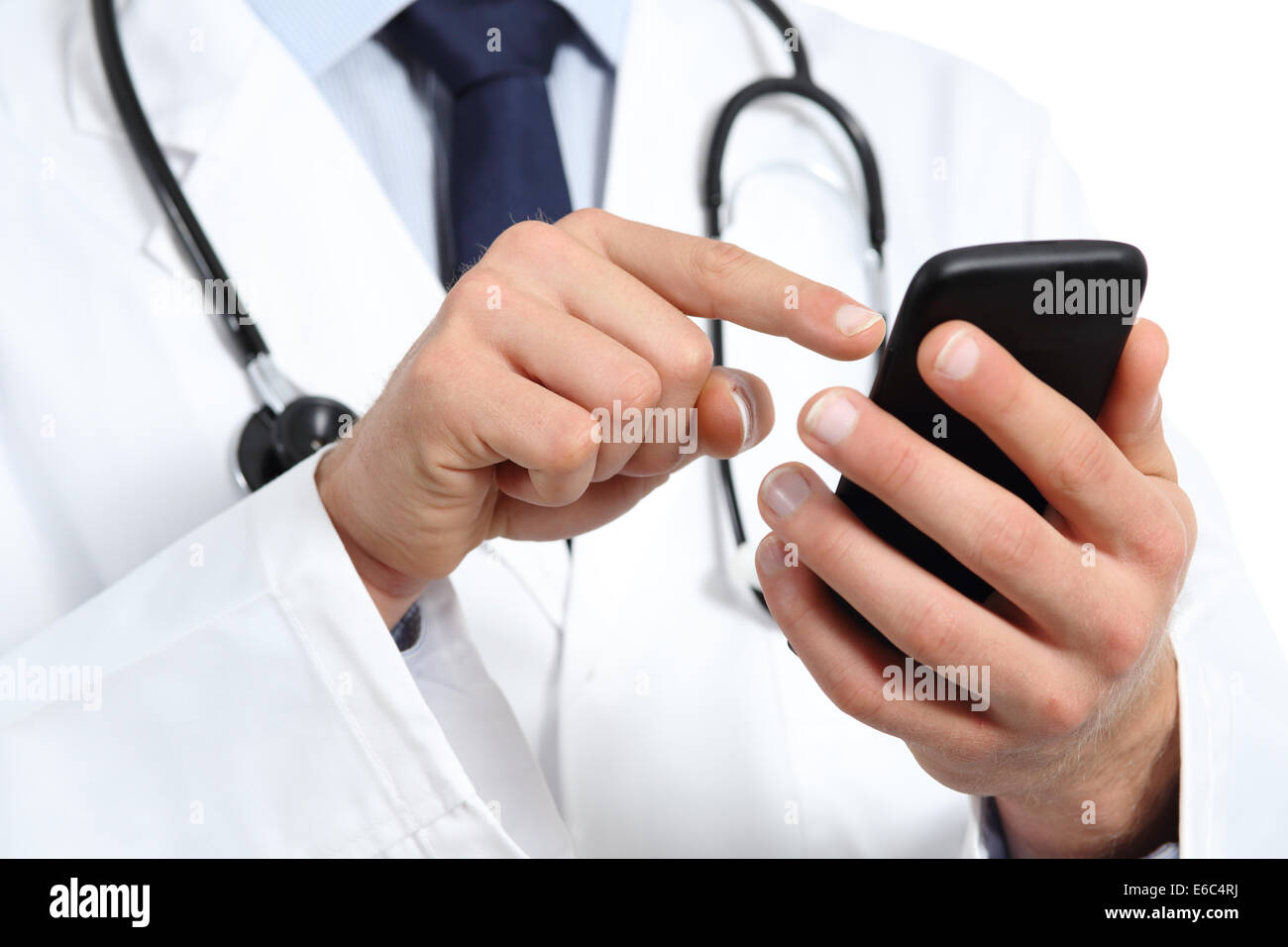 Doctor hands texting on a smart phone isolated on a white background ...