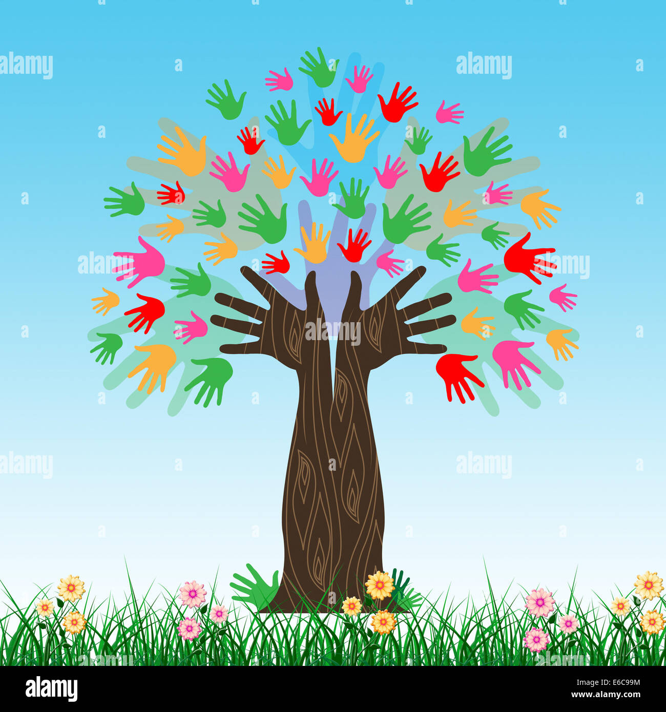 Tree Handprints Representing Hands Together And Drawing Stock Photo - Alamy