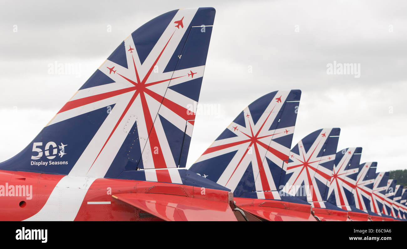 Red Arrows 50th display anniversary tail fin line up at RAF Fairford ...