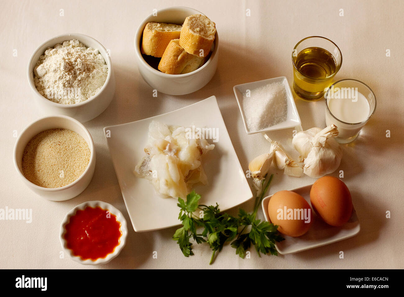 Ingredients and plates mixing modern and Mediterranean flavors Stock ...