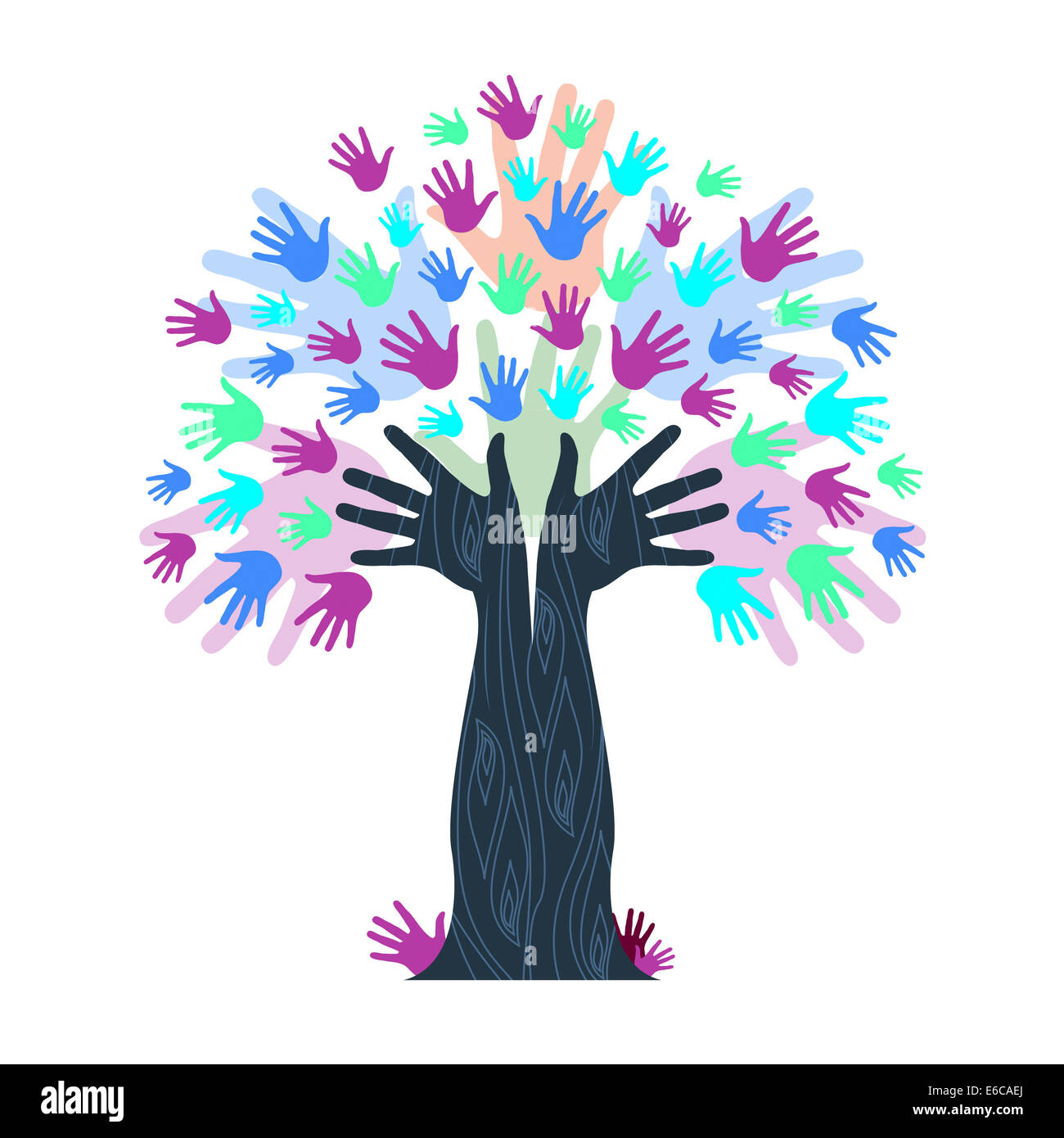 Hands Handprints Showing Tree Trunk And Colorful Stock Photo - Alamy