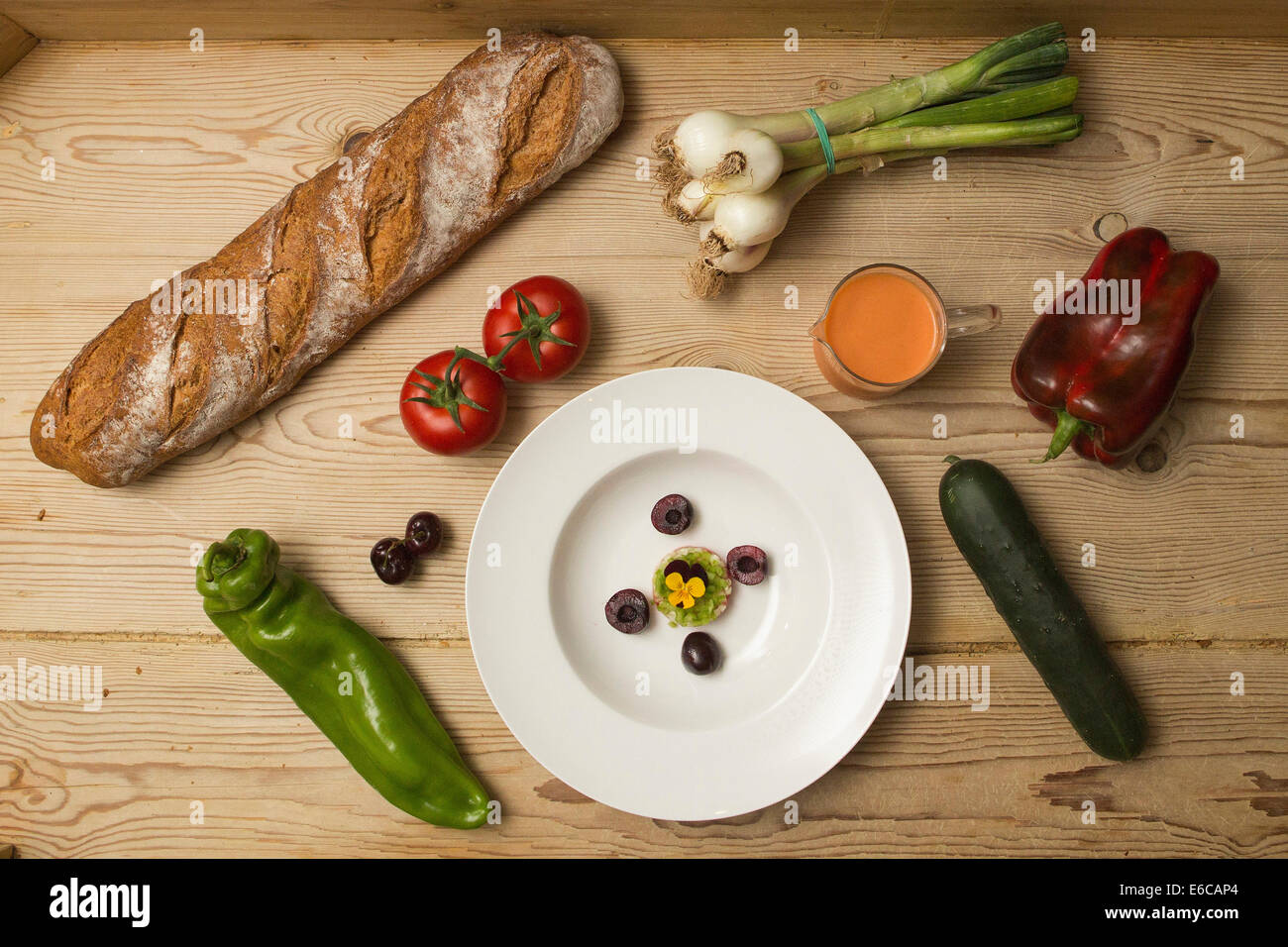 Ingredients and plates mixing modern and Mediterranean flavors Stock ...