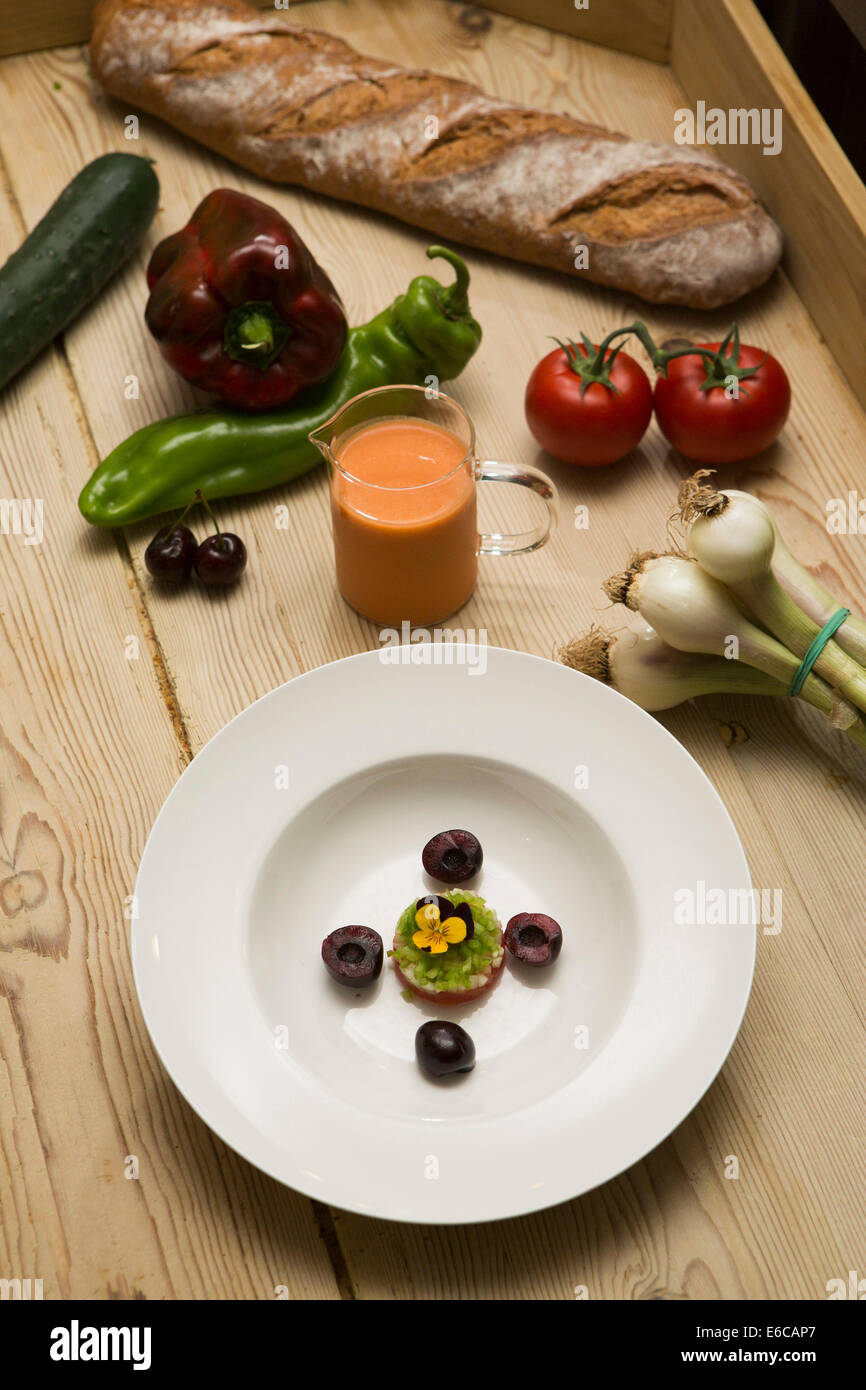 Ingredients and plates mixing modern and Mediterranean flavors Stock ...