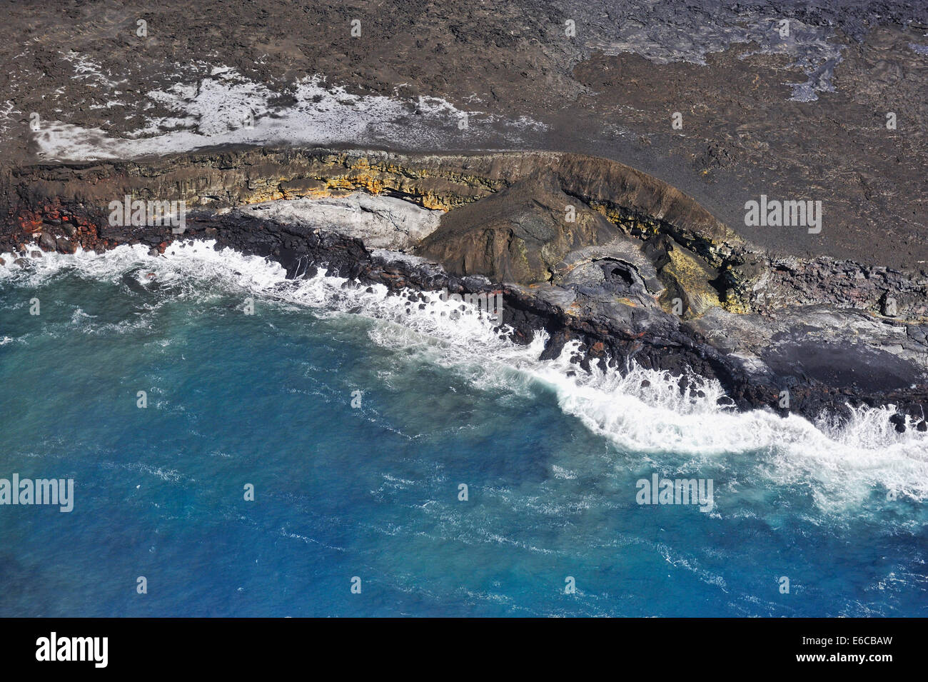 Cooled lava fields by the ocean (aerial view), Kilauea Volcano, Big ...