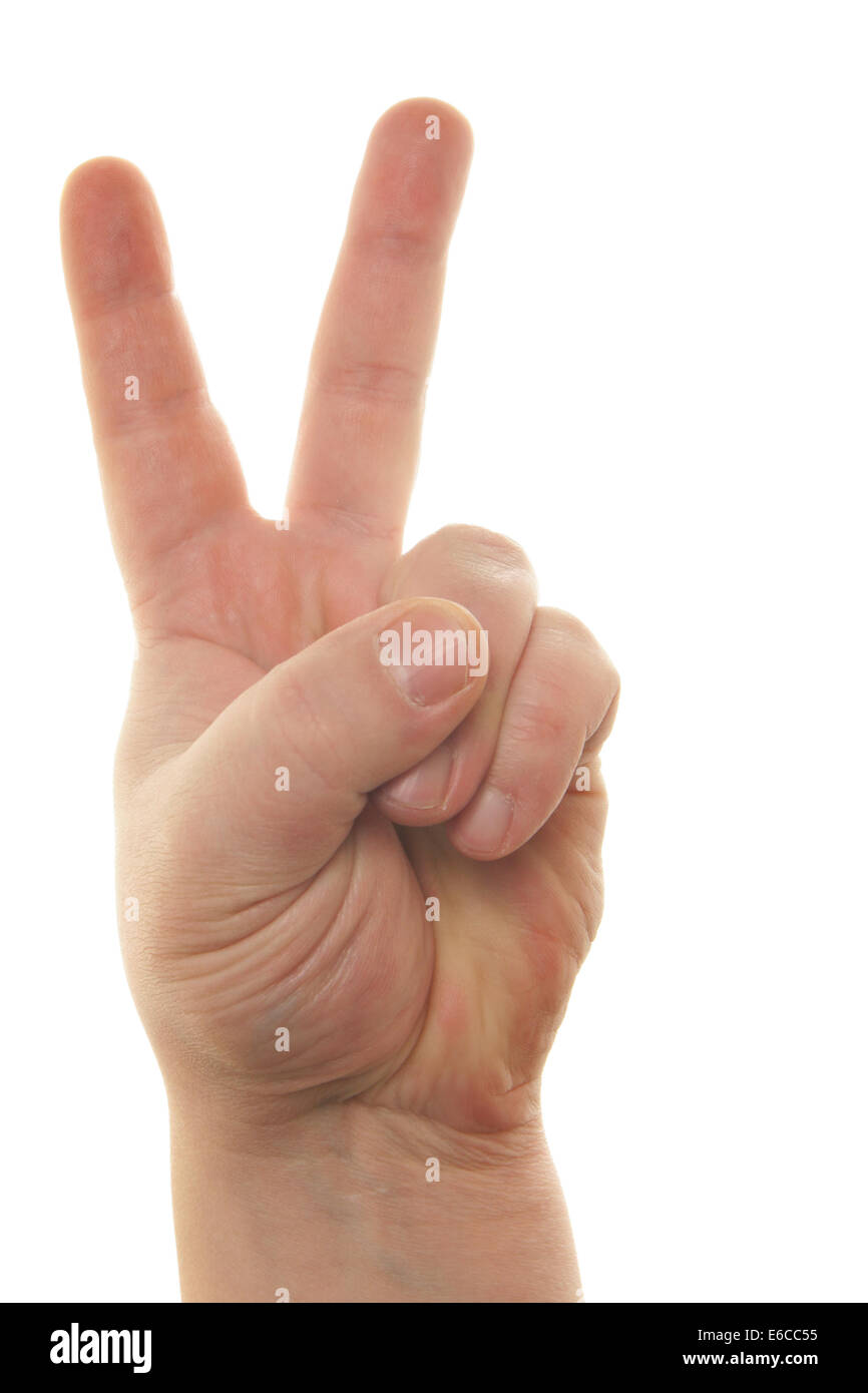 Hand showng the victory gesture isolated over white background Stock ...