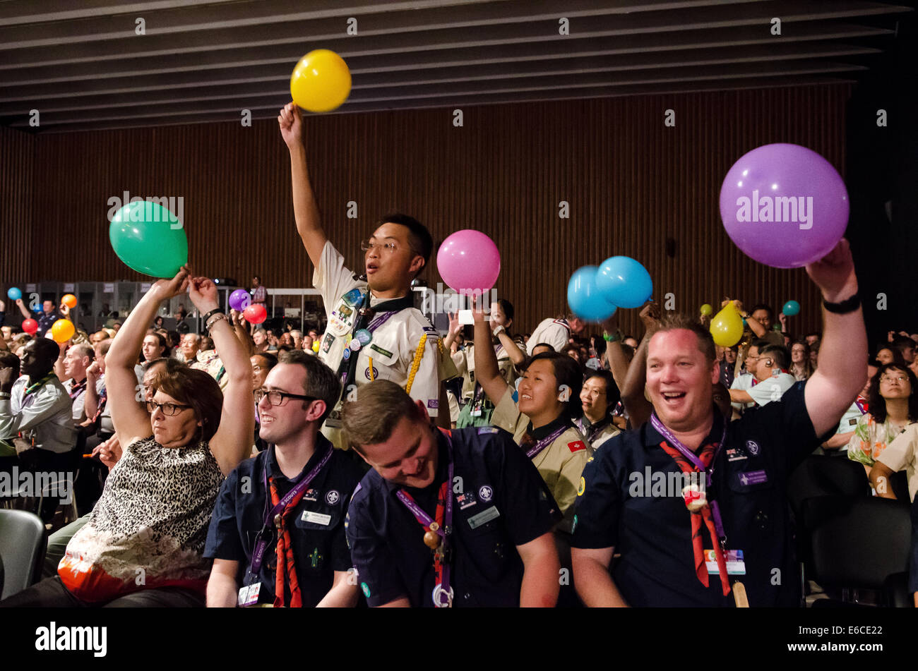 The scout delegates from around the world cheer during the opening ...