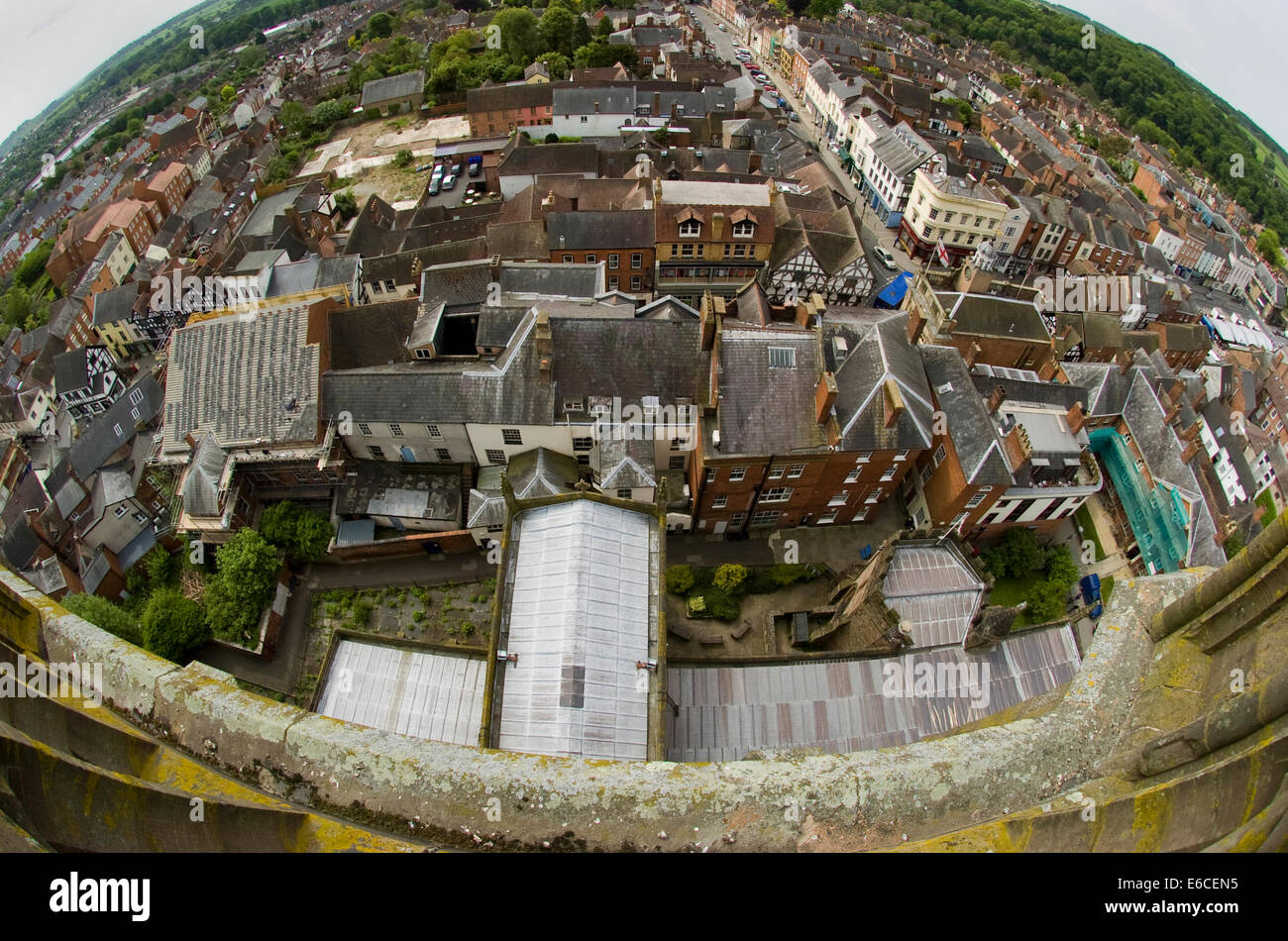Birds Eye view over Ludlow and the Shropshire Hills from the top of the ...