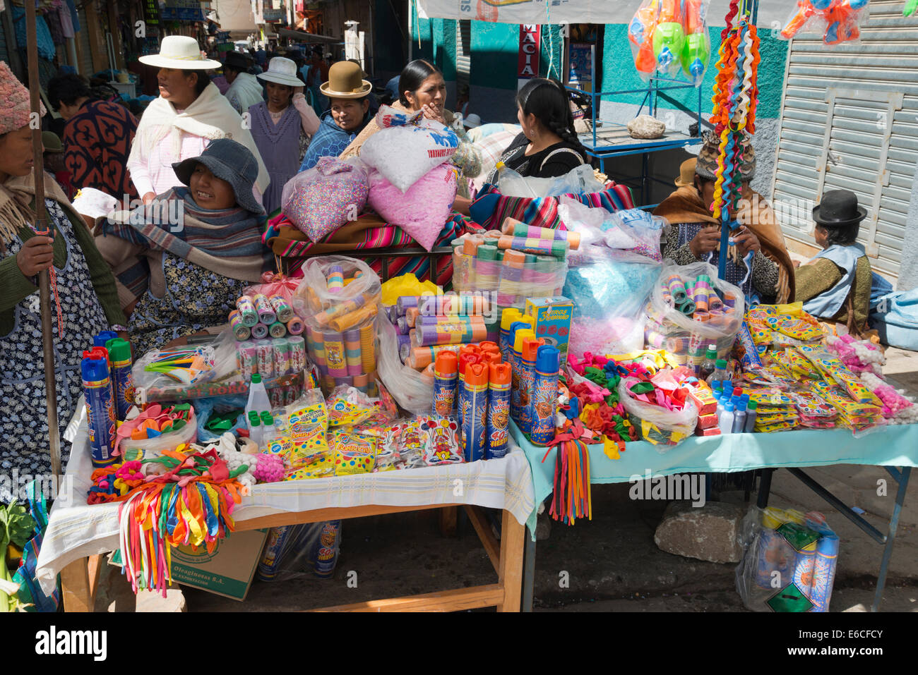 Market stall selling items for carnival in Copacabana, Bolivia, South ...